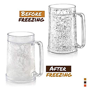 luxail Freezer Beer Mugs, Double Wall, Insulated Gel Plastic Pint Freezable Glasses, 16 oz, Clear 2 pack, Chiller Frosty Cup, Frozen Ice Freezer Mug, Freezer Cups