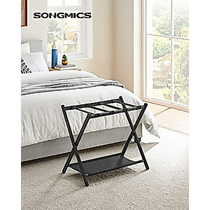 SONGMICS Luggage Rack for Guest Room, Suitcase Stand with Storage Shelf, Steel Frame, Foldable for Easy Storage, Hotel, Bedroom, Black URLR003B01