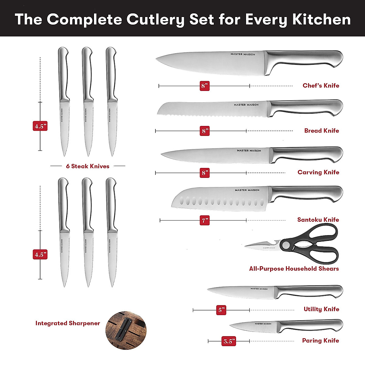 Master Maison Stainless Steel Kitchen Knife Set With Knife Block & Bonus Cleaver | German Stainless Steel Knives With Knife Sharpener & 6 Steak Knives | Butcher Block Knife Sets For Kitchen