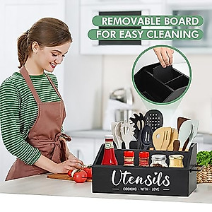 Utensil Holder for Kitchen Counter, Large Kitchen Utensil Holder with Handles, Farmhouse Cooking Utensil Organizer for Flatware, Utensil Caddy with 4 Compartments, Black Kitchen Tools Storage