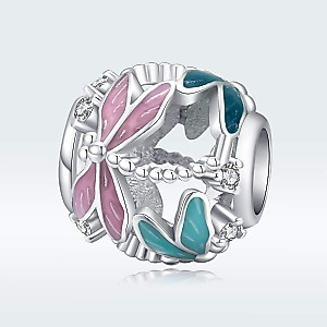 MEETCCY Pink Glass Bead Cat Charm 925 Sterling Silver Birthday Charms Bird Mermaid Unicorn Animal Charm For Women Bracelets (Dragonfly Charms)