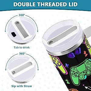 ODAWA 40oz Fall Insulated Tumbler with Straw and Handle, Game Controllers Black Spill Proof Tumbler with Straw Insulated Vacuum Tumbler