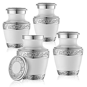 Reminded Small Cremation Urns for Human Ashes, Mini Keepsake Set of 4 White and Silver with Velvet Case