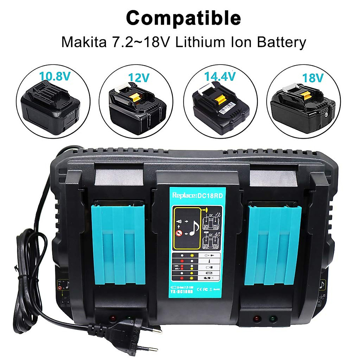 QCZRED 18V DC18RD Dual Charger Compatible with Chargers DC18RC DC18RF DC18SF Suitable for Makita BL1860 BL1850 BL1840 BL1830 BL1815