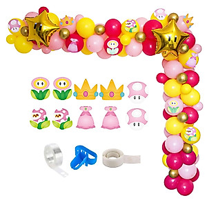 Princess Peach Balloons Garland Arch Kit, Pink Yellow Princess Peach Birthday Party Balloons with Star Foil Balloons for Girl Mario Princess Peach Party, Princess Themed Birthday, Princess Baby Shower