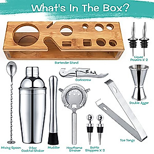 Bartender Kit,Cocktail Shaker Set,Bar Mixing Set with 24oz Stainless Steel and Bamboo Stand, Bar Set with Recipe by Bournis