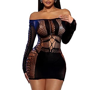 Buitifo Sexy Lingerie for Women Fishnet Mini Dress One Piece Babydoll Nightwear(BlackZJD,One Size)