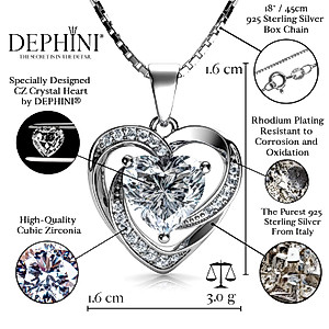 DEPHINI - White Heart Necklace - 925 Sterling Silver - Branded CZ Crystal Pendant Birthstone - Fine Jewellery Love - 18" Premium Rhodium Plated Silver Chain - Cubic Zirconia - Gifts for Women