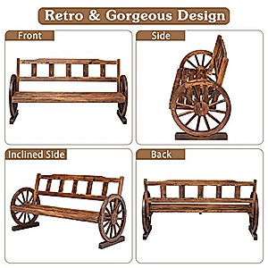 Kinsuite Fir Wooden Wagon Wheel Bench Rustic 2-Person Seat Bench with Backrest Outdoor Patio Furniture