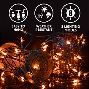 JOIEDOMI 100 (2x50) LED Halloween String Lights 32.6FT (2x16.3) Green Wire for Indoor Outdoor Holiday Décor Halloween Event Decoration, Tree, Eaves, Haunted House Theme Party (Orange)