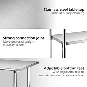 Giantex 36 × 24 Inches Stainless Steel Table w/ 4 Caster Wheels, Commercial Work Prep Table with Adjustable Lower Galvanized Shelf, Heavy Duty Metal Table for Restaurant, Kitchen