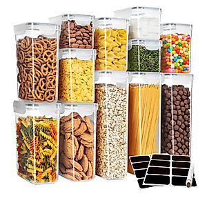 MR.SIGA 12 Pack Airtight Food Storage Container Set, BPA Free Kitchen Pantry Organization, Kitchen Canisters for Cereal, Spaghetti, includes 16 Reusable Sticker Labels and 1 Erasable Chalk Marker
