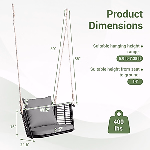 Tangkula Outdoor Metal Porch Swing, Single Person Hanging Seat w/Woven Rattan Backrest, 2 Sturdy Hanging Ropes, Seat & Back Cushions Included, Heavy-Duty Swing Chair for Front Porch, Backyard (Grey)