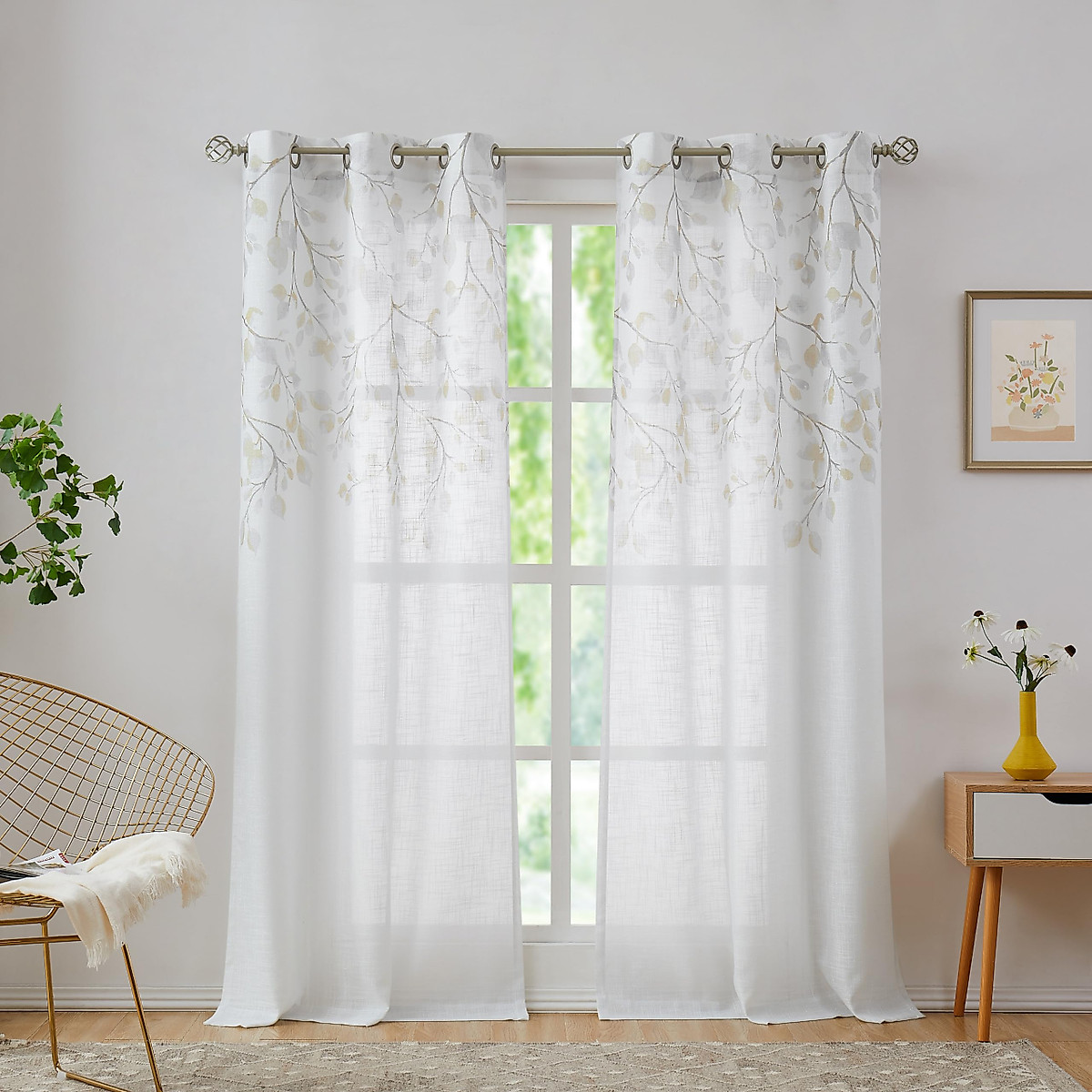 Yellow Leaf Floral Print Metallic Sheer Window Curtain Panel Autumn Fall Leaves Sparkling Decorative 6 Grommets Top Drapes for Rustic Living Room Bedroom Farmhouse Curtains, Gold, 40"x95"x2