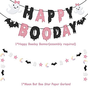 94 Packs Pink Black Halloween Birthday Party Kit Happy Boo Day Banner Cake Topper Halloween Ghost Cupcake Toppers Skeleton Bat Mylar Balloons for Pink and Black Halloween Birthday Party Decorations