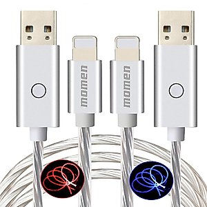 momen iPhone Charger Lighting Cables, 10ft Light Up Charging Cord with Switch Button for iPhone 14/13/12/11/X/8/7/6, iPad pro & More,LED Lighted USB Car Cable 2 Packs(Blue+Red)