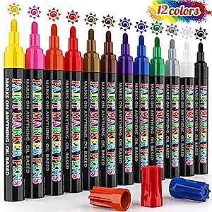 SUPKIZ Paint Markers Pens, 12 Colors Oil-Based Waterproof Fancy Paint Markers, Quick Dry Permanent Push Markers Set for Tire, Rock, Wood, Fabric, Plastic, Canvas, Glass, Mugs, DIY Craft
