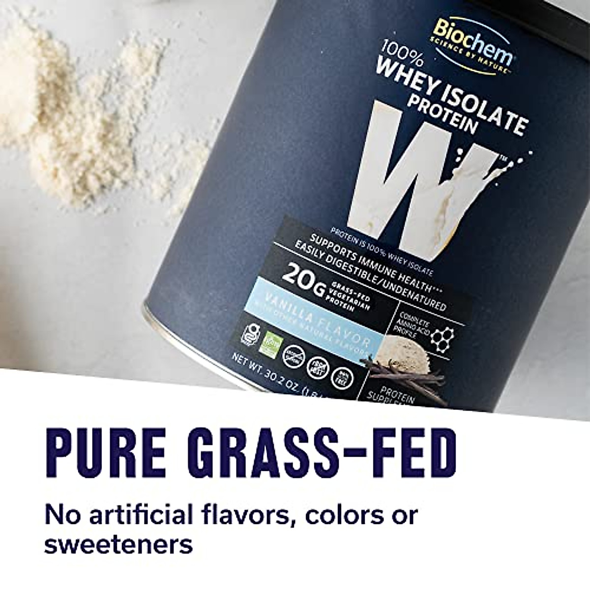 Biochem 100% Whey Isolate Protein - Vanilla - 30.2 oz - 20g of Protein - Meal Replacement -Supports Lean Muscle - Easily Digestible - Silky Smooth Taste - Amino Acids