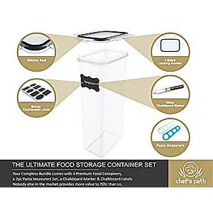 Chef's Path Airtight Food Storage Containers (Set of 4, 2.8L) - Tall Pasta Storage Containers for Pantry & Kitchen Organization, Spaghetti, Noodles, Cereal - Lids, Noodle Measure and Reusable Labels Included