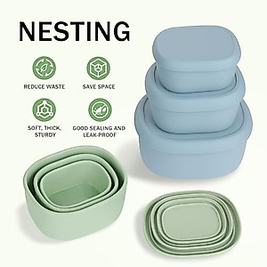 mwellewm 6 Pcs Silicone Food Storage Containers with Lids, Nesting Silicone Snack Box Containers Set Reusable Airtight Dishwasher and Freezer Safe Carry(6.7oz, 10oz, 20oz) - Green and Blue