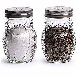 Circleware Elegant Owl Shaped Glass Mason Salt and Pepper Shakers with Metal Lids, Perfect for Himalayan Seasoning Herbs Spices, 2-Piece Set