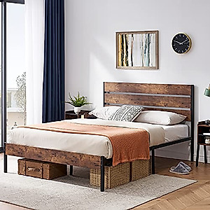VECELO Platform Queen Bed Frame with Rustic Vintage Wood Headboard and Footboard, Mattress Foundation, Strong Metal Slats Support, No Box Spring Needed