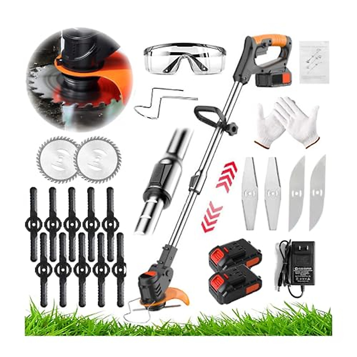 Electric String Trimmer Weed Wacker Lawn Edger with 2 Li-Ion Battery 1 Charger and 16 Cutting Blades for Lawn Yard Garden Bush Trimming & Pruning