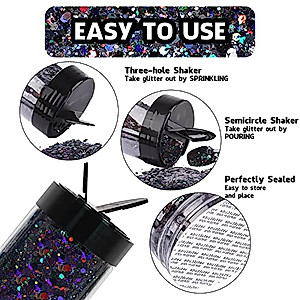 3.5oz/100g Mixed Chunky and Fine Glitter, Holographic Crafts Glitter Powder for Resin, Flakes Iridescent Nail Sequins, Cosmetic Glitter for Face Eye Glitters Tumblers, Festival Decorations (Black)