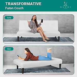 Naomi Home White Faux Leather Convertible Futon Sofa Bed, Button Tufted, 3 Positions, Small Couch Bed with Wooden Legs, 58 lbs, 500 lbs Capacity