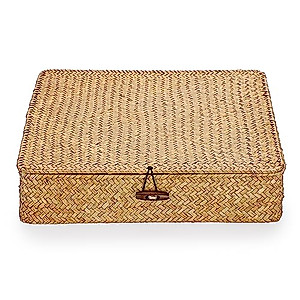 Hipiwe Flat Wicker Storage Basket Bins With Lid Large Seagrass Woven Shelf Basket Rectangular Home Decor Oraganizer Basket Boxes for Closet Bathroom Shelf Organizing, Caramel