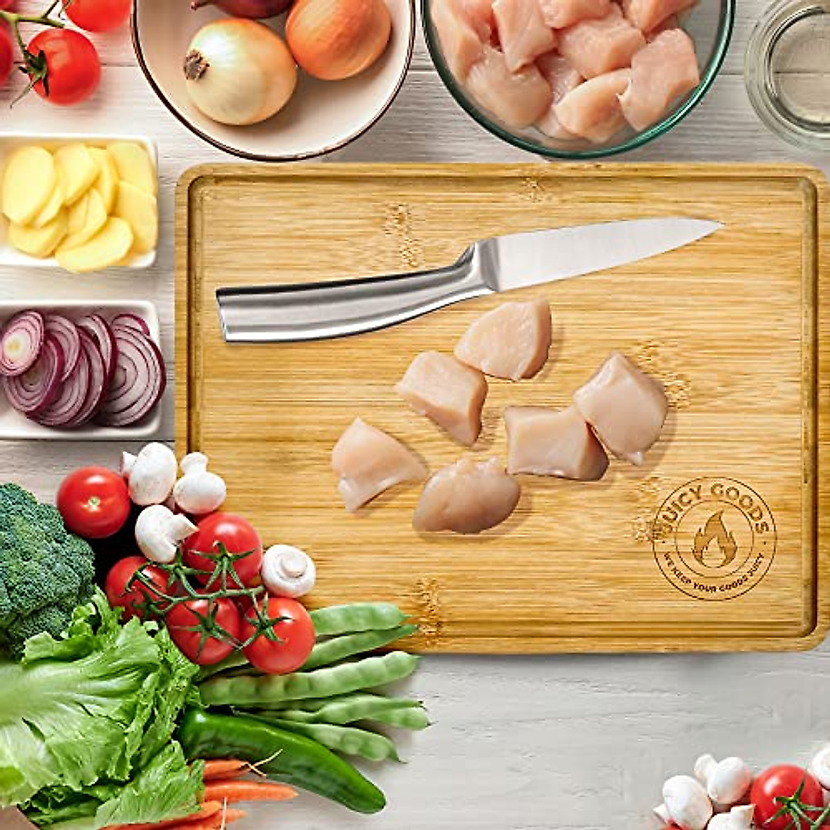 Charcuterie Cutting Board for Kitchen with Groove- Organic Handcrafted Large Acacia Wooden Cutting Board for Fruit & Vegetable with Inner Handles, Oiled Chopping Board- 16x12