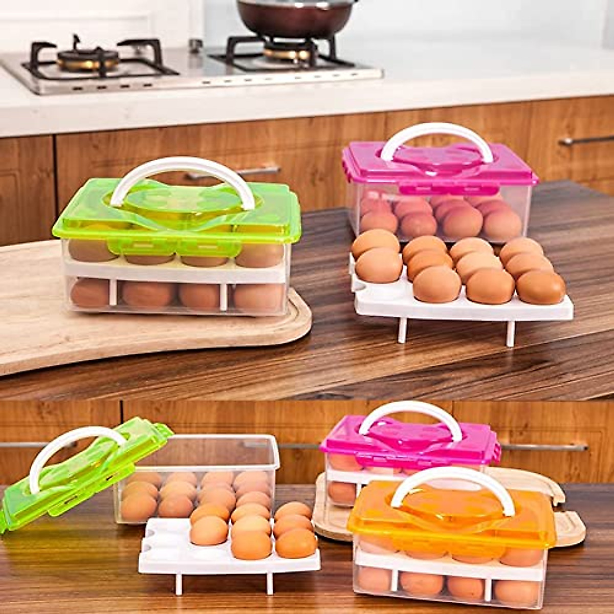HOTUMN 2 Tiers Deviled Egg Containers with Lid & Holder Plastic Egg Holders Clear Egg Tray Egg Carrier Fridge Freezer Food Storage (Green) 24 eggs