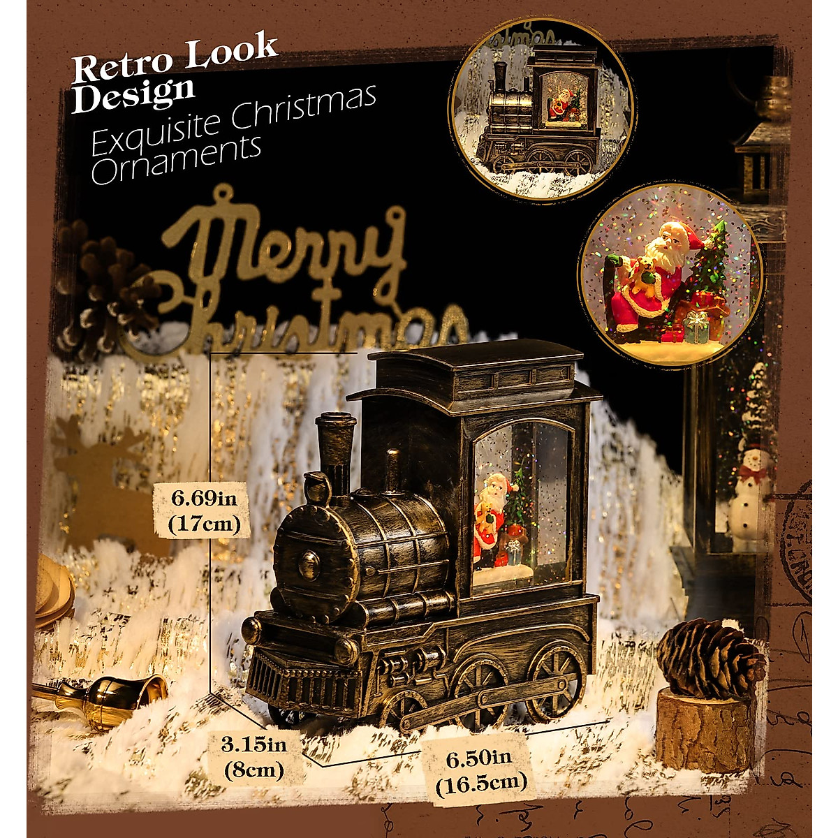 Lewondr Train Snow Globe, USB/Battery Operated Snow Globe with Snowflake Projector Water Swirling Glitter, Christmas Village Snow Globe with 6 Hour Timer, Gift for Girls Girlfriend Women, Bronze Gold