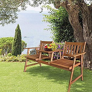 Outdoor Patio Bench Tete a Tete Garden Bench Porch Chair Patio Conversation Sets Furniture Outdoor Loveseat Set Solid Eucalyptus Wood with Umbrella Hole Table for Pool Beach Backyard Balcony Deck