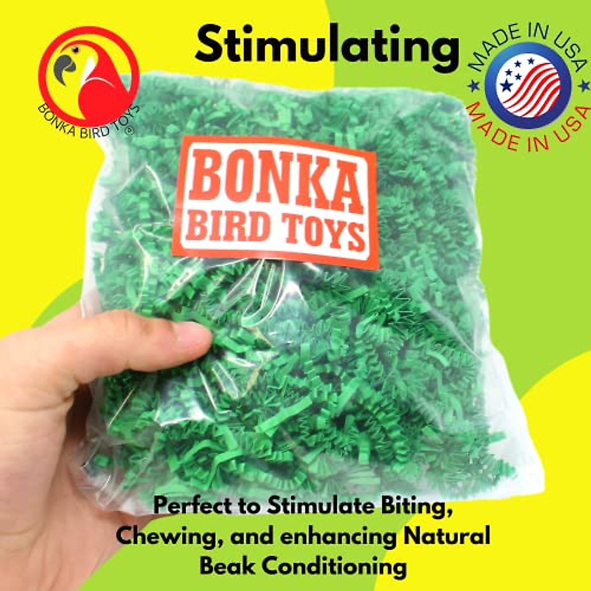 Bonka Bird Toys Colored Crinkle Shred Paper Chew Forage Nesting Treat Natural Multi-Use Craft Part Projects Cockatiels Parakeets Conures Amazons and Other Similar Birds (Green)