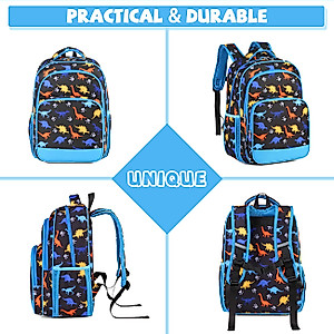 VASCHY School Backpack for Boys, 16in Water Resistant Backpack for Kids Preschool/Primary/Elementary School Bookbag with Tablet Sleeve Black Dino