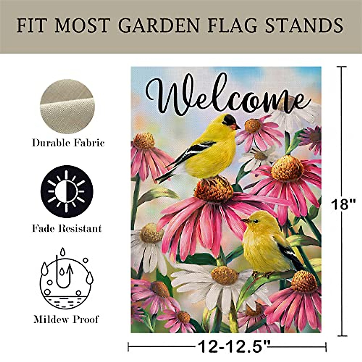 Artofy Welcome Summer American Goldfinch Birds Home Decorative Garden Flag, Yard Echinacea Daisy Flower Outside Decor, Spring Outdoor Small Burlap Decoration Double Sided 12x18