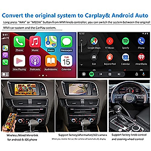 Road Top Wireless Carplay Android Auto Retrofit Kit for Audi A4 A5 S4 S5 RS4 RS5 Q5 2008-2015 with 3GMMI Factory Screen Update, Support Mirrorlink, Siri, Original Control, Camera