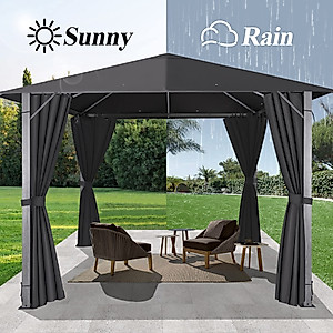 Raysfung 10' x 10' Gazebo Aluminum Frame Outdoor Gazebo with Curtain Canopy Shelter with Sidewalls, Vented Roof for Garden, Patio, Backyard (Grey)