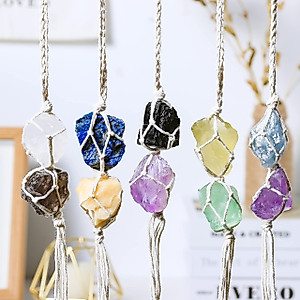 Runyangshi Natural Healing Crystal Hand Woven Net Bag Pendant Black Tourmaline Brazil Amethyst Rough Stone Mine Standard Car Hanging Ornaments Bohemian Style Reiki Energy Home Garden Decor