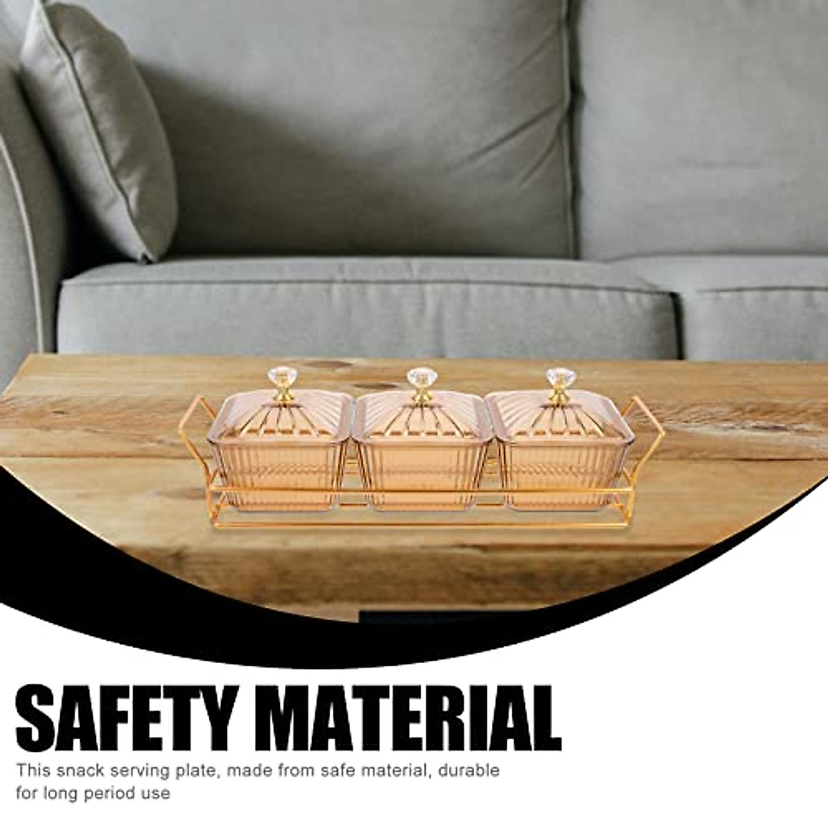 Cabilock Serving Bowls Condiment Serving Tray 3 Clear Appetizer Bowls Set with Iron Rack Chip Dips Snack Dish Buffet Server Food Display Relish Platter for Fruit Dessert Nuts Candy Decorative Tray