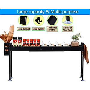 Horynar Over Stove Spice Shelf for Kitchen Spice Rack Organizer with Extra Basket and Hooks Black Spice Rack Shelf Great for Stove Top Shelf