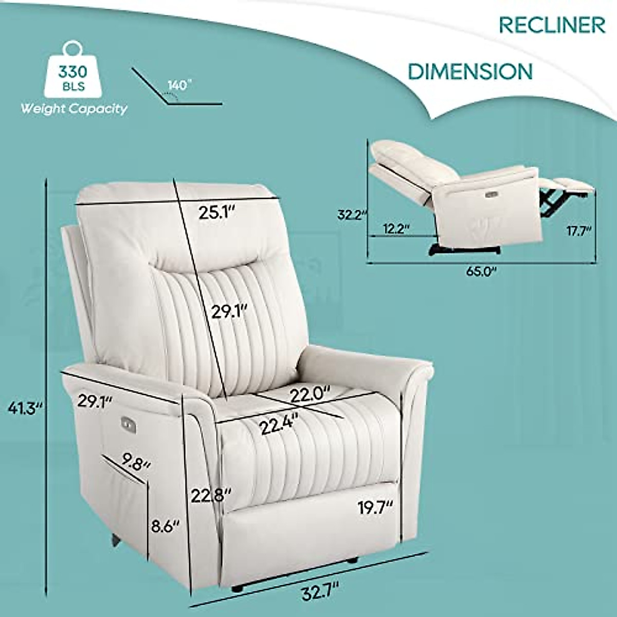 RIHEREFY Power Recliner Chair with Massage and Heat, Recliner Massage Chair with 2 Side Pockets, Electric Recliner Chairs with USB Charging Port, Technical Fabric