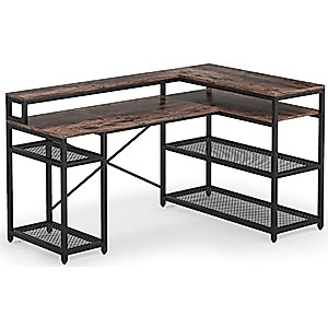 Tribesigns L Shaped Desk with Storage and Monitor Stand, Industrial Home Office Computer Desk with Storage Shelves, 59 Inch Corner Desk with Monitor Shelf(Brown)