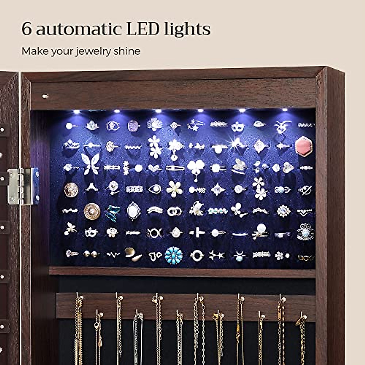SONGMICS 6 LEDs Mirror Jewelry Cabinet Lockable 47.2" H Wall/Door Mounted Jewelry Armoire Organizer, 2 Drawers, Dark Brown UJJC93K
