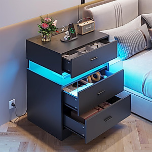 Hasuit Black Night Stand Set of 2 with LED Lights and Charging Station, Modern Nightstand with 3 Drawers, Bedside Tables/End Table for Bedroom