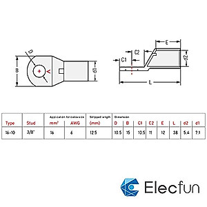 ELECFUN 10pcs 6AWG 3/8" Stud Heavy Duty Cable Lugs with Spy Hole Battery Cable Tinned Copper Ring Terminal Connectors TK16-10