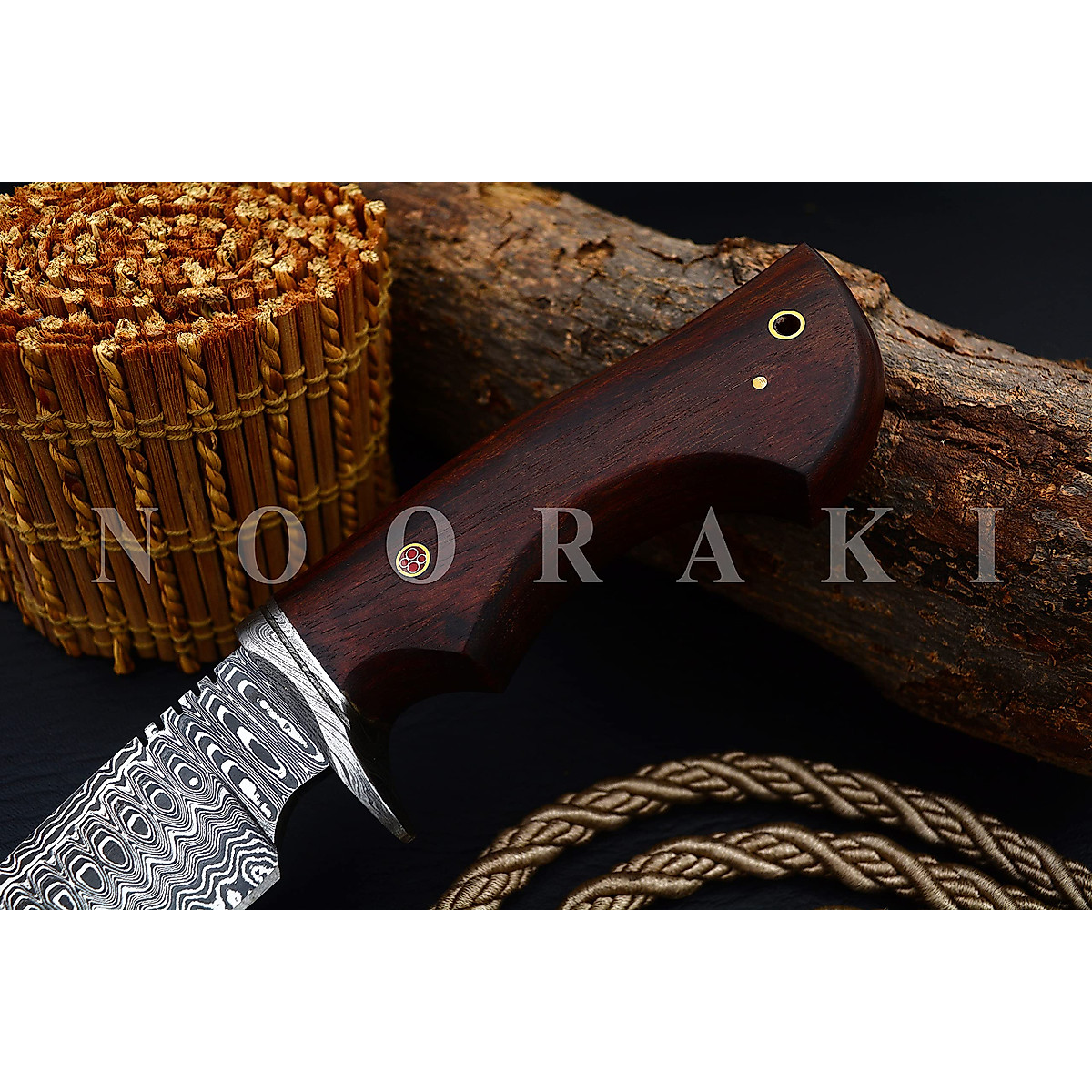 SBK162 Custom Handmade Damascus Steel Knife - Full Tang Rosewood Handle, with Leather Sheath 10inches