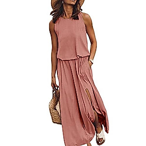 Dokotoo Womens 2024 Spring Summer Beach Dresses Casual Long Dress Maxi Dresses Sleeveless Hem Split Sun Dress with Pockets Pink X-Large