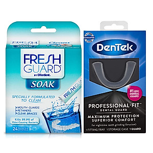 Fresh Guard Soak Specially Formulated CLEANER for Retainers Mouthguards& Removable Braces-24 Count & DenTek Professional Fit Maximum Protection Dental Guard-1